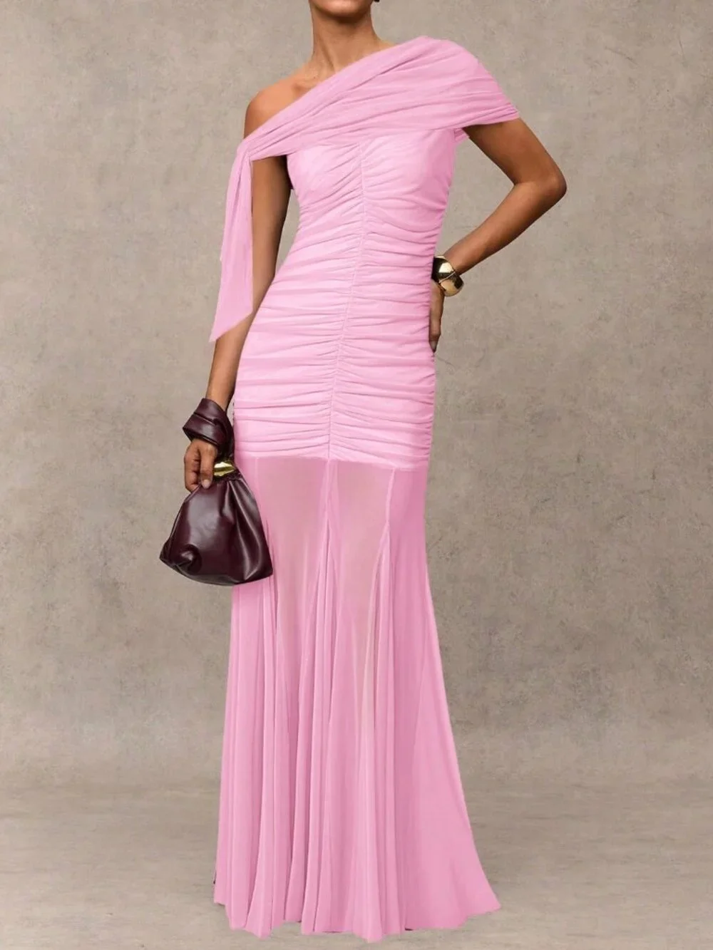 Dresses | Baby Pink Elegant Womens Ruched Mesh Patchwork Cinched Waist ...